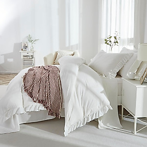 Brandream Duvet Cover Set Full/Queen Size 100% Washed Cotton Linen Feel Super Soft Comfortable Chic Lightweight 3 PCs Home Ruffled Fringe Minimalist Bedding Set Solid White