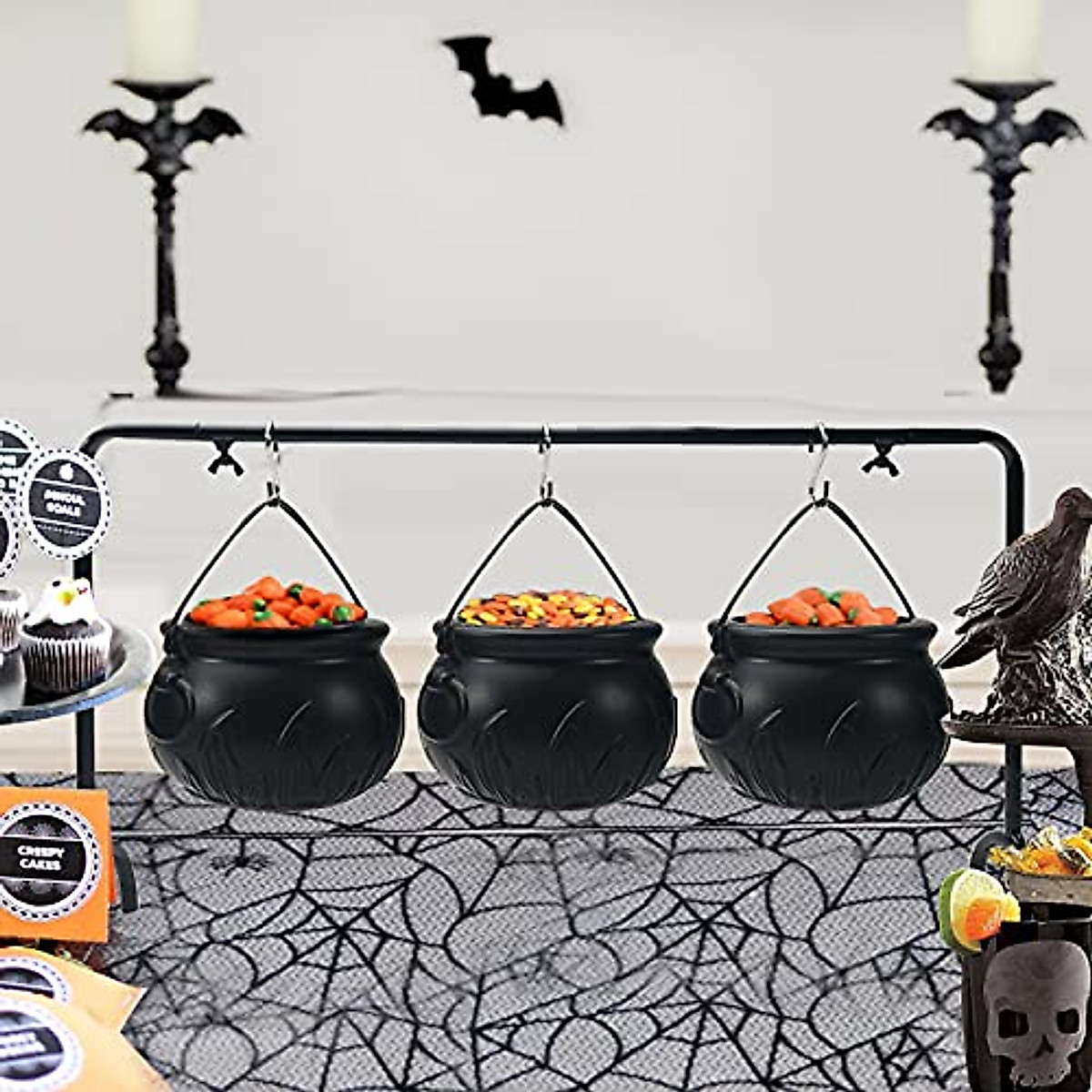 Halloween Decor - Halloween Party Decorations - Set of 3 Witches Cauldron Serving Bowls on Rack - Black Plastic Hocus Pocus Candy Bucket Cauldron for Indoor Outdoor Home Kitchen Decoration