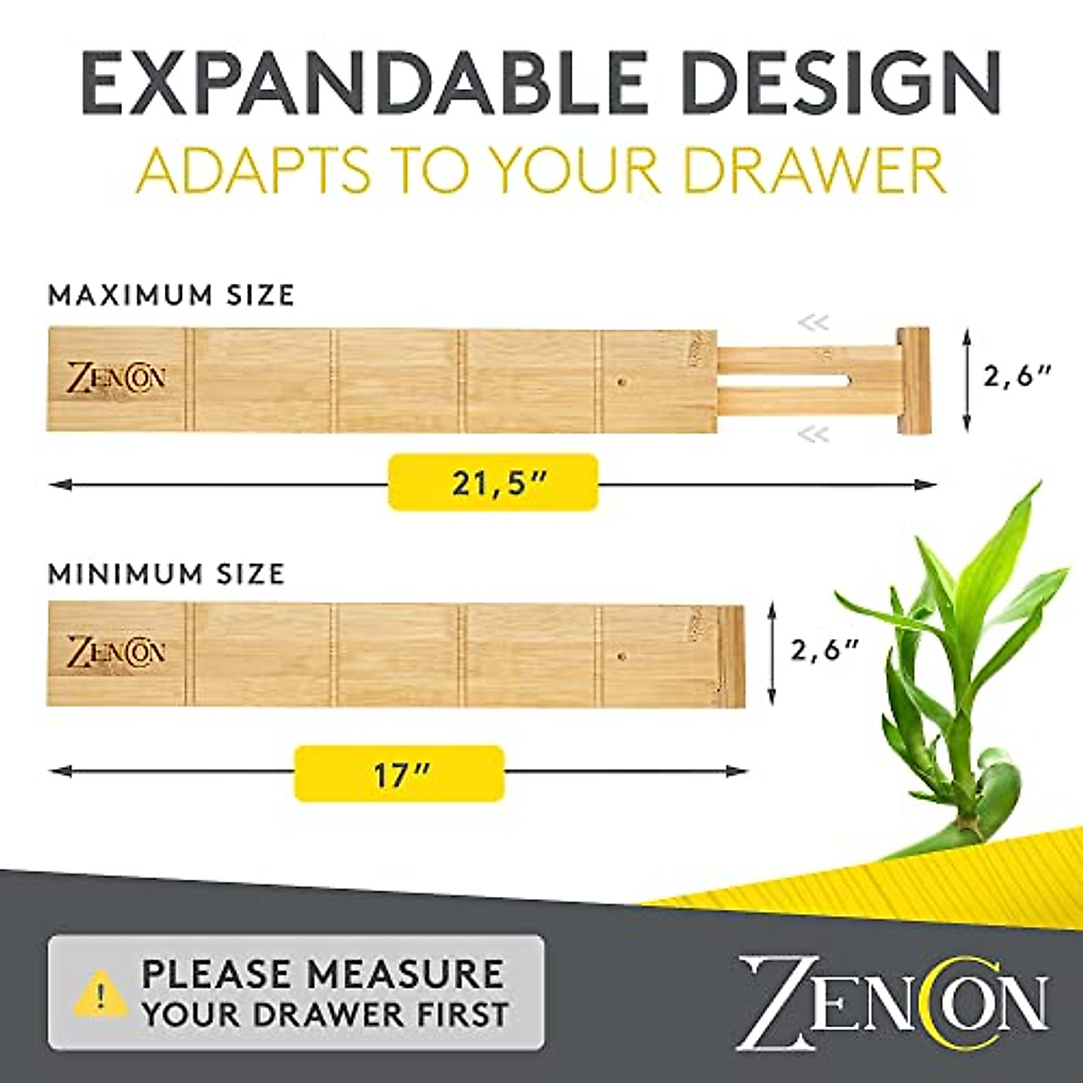 ZENCON Kitchen & Dresser Drawer Dividers with Inserts & Liner | Adjustable Bamboo Drawer Dividers | Spring Loaded Drawer Organizer for Large Utensils & Clothes, Tall Wood Drawer Divider (Long)
