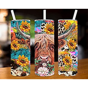 Highland Cow Floral Tumbler Sublimation Wrap - Ready to Press Sunflower Transfer - Cows, 20 oz Straight Tumbler, Tumbler Transfer, Farm