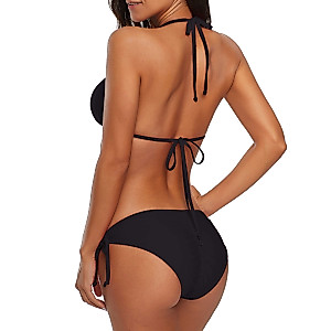 American Trends Women's String Two Piece Halter Top Triangle Bikini Set with Tie Side Bottom Sexy Swimsuit Bathing Suits Black S