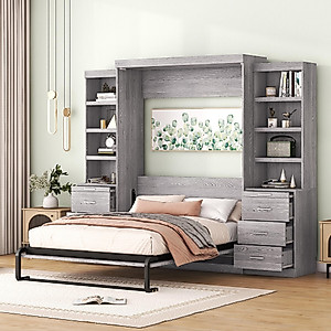 GLORHOME Space-Saving Full Size Murphy Bed with Gray Finish, Storage Shelves, and Drawers