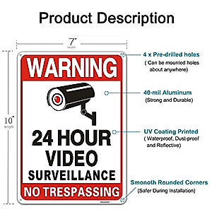 2 Pack No Trespassing Sign, 24 Hour Video Surveillance Signs, Rust-free Aluminum Metal Reflective Sign, Fake Security Camera Sign, Indoor Or Outdoor Use for Home Yard Business CCTV (10 x 7 Inches)