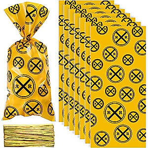 Blulu 100 Pieces Railroad Treat Bags Heat Sealable Treat Candy Bags Train Party Cellophane Treat Party Favor Bags with 100 Pieces Gold Twist Ties for Train or Railroad Themed Party