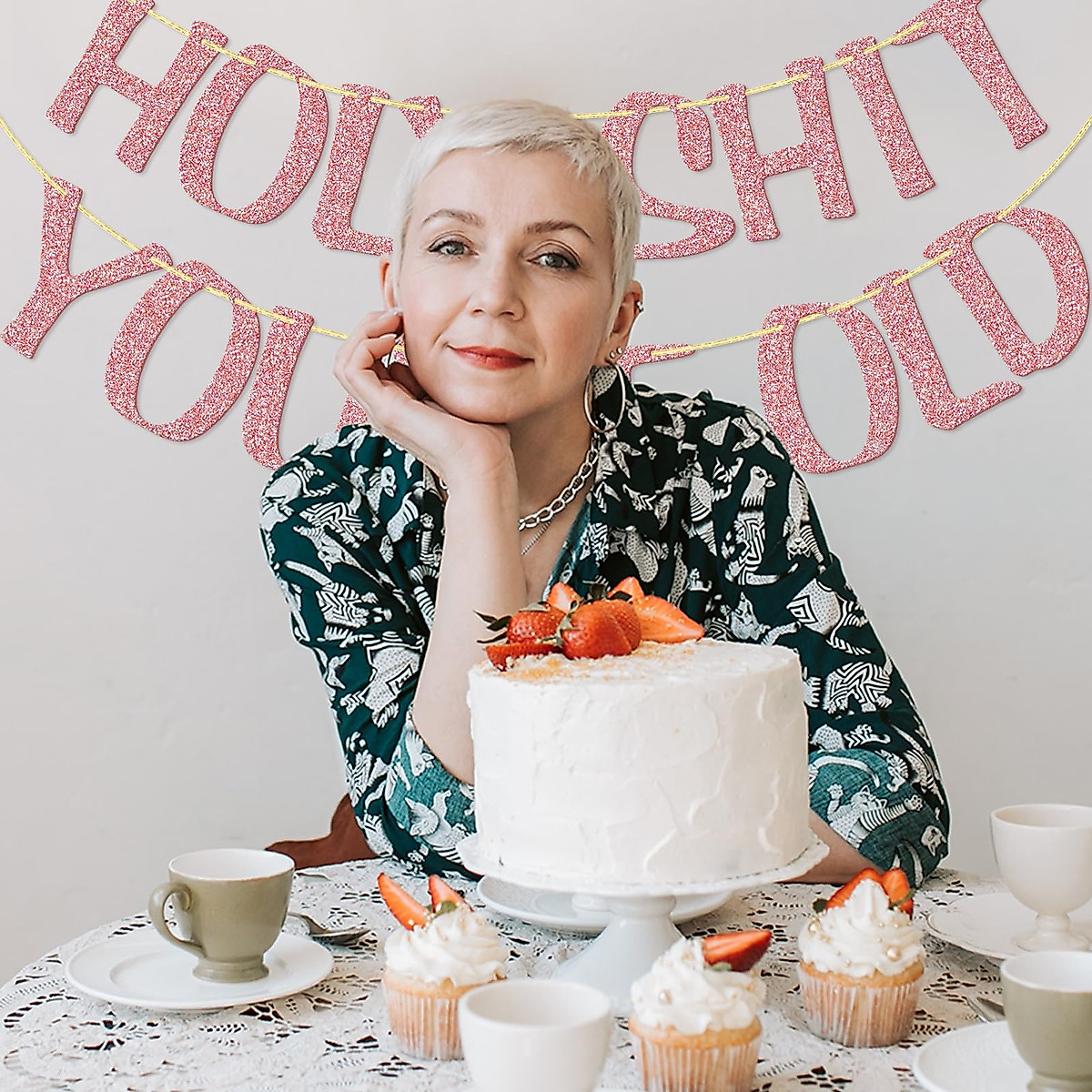 Holy Shit You're Old Banner Rose Gold Glitter for 30th 40th 50h 60th 70th 80th 90th Funny Birthday Banner Sign Bunting Party Decor Photo Booth Props (Rose Gold)