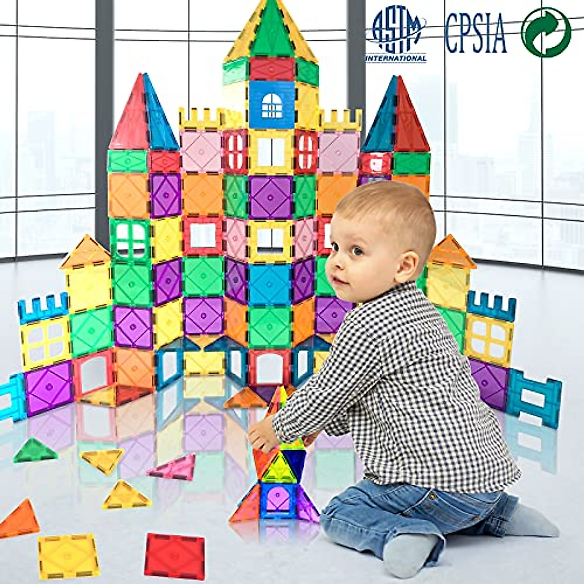 LATI 130 pcs Magnetic Tiles, Magnet Building Blocks for Kids STEM Construction Set Clear Imagination Inspirational Educational Toddler Boys Girls Kids Toys for 3 4 5 6 7 8 Years with 2 Cars