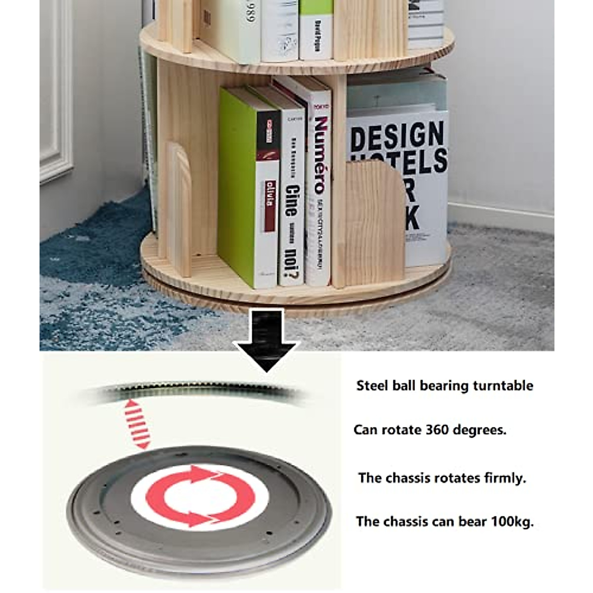 Rotating Bookshelf 360 Display 4 Tier Floor Standing Bookcase Storage Rack for Kids&Adults Solid Wood Bookshelf Organizer