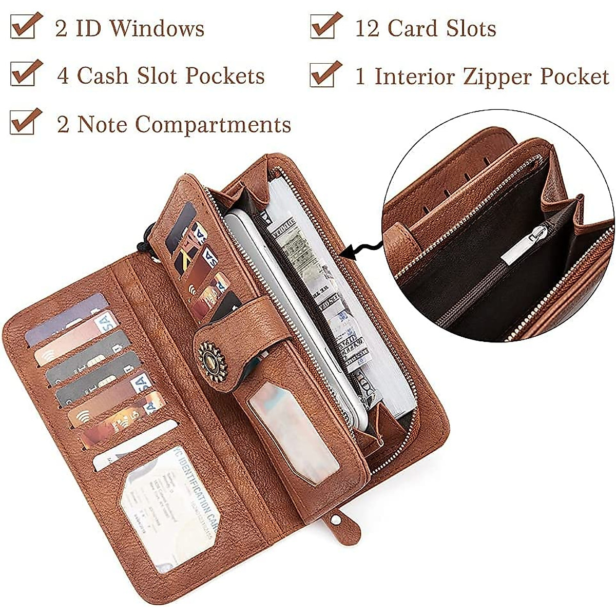 BOSTANTEN Womens Wallet Leather Large Capacity Wristlet Clutch Purse Credit Card Holder with RFID Blocking Brown