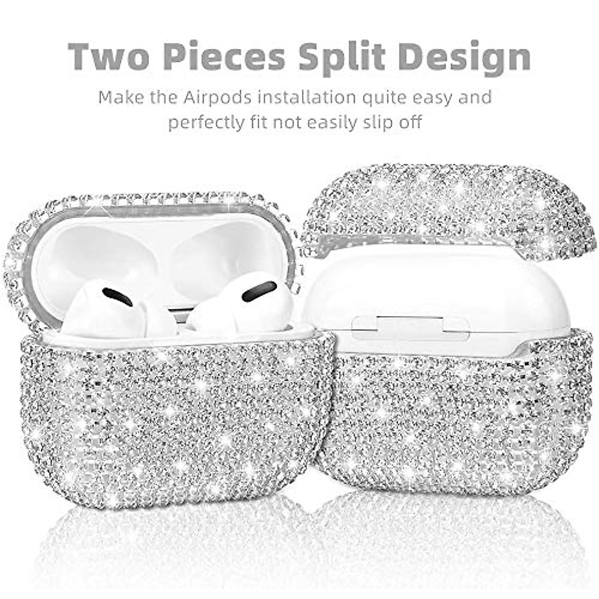 Luxurious Shining Rhinestone Diamante Apple AirPods Pro Case, Bling Sparkle Protective Cover Carrying Mickey Ball Keychain for Airpods Pro,Shockproof Anti-Scratch Anti-dust (Silver)