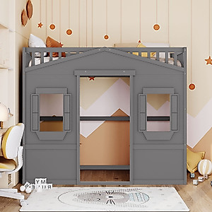House Loft Bed Twin Loft Beds Solid Wood Frame with Window and Wall Fun Playhouse Bed with Ladder for Kids Boys Girls Teens, Twin Size, Gray
