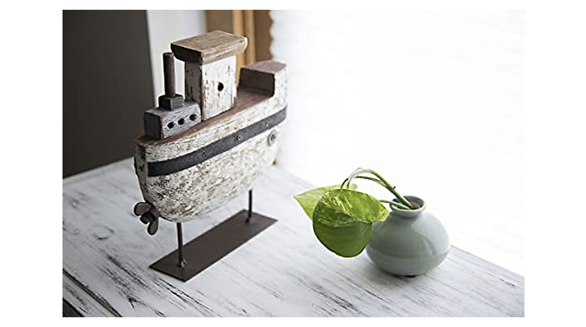 Rustic Tug Boat Wood Sculpture Table Top Decor | White
