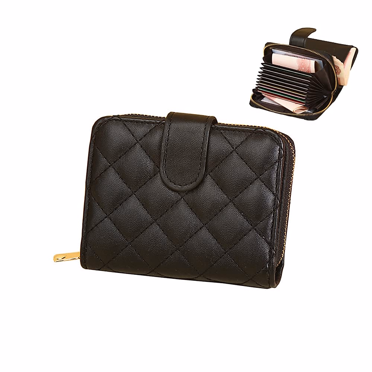 OANEXX Small Slim Lattice Wallet Leather RFID Blocking Coin Purse with Zipper Credit Card Holder and ID Card Window (Black)