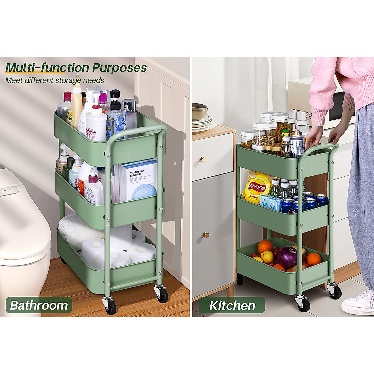 AOODA 3 Tier Under Desk Rolling Cart with Handle and Lockable Wheels, 27'' Height Small Metal Book Cart Mobile Art Cart Rolling Storage Organizer for Office, Kitchen, Bathroom (Aqua Green)