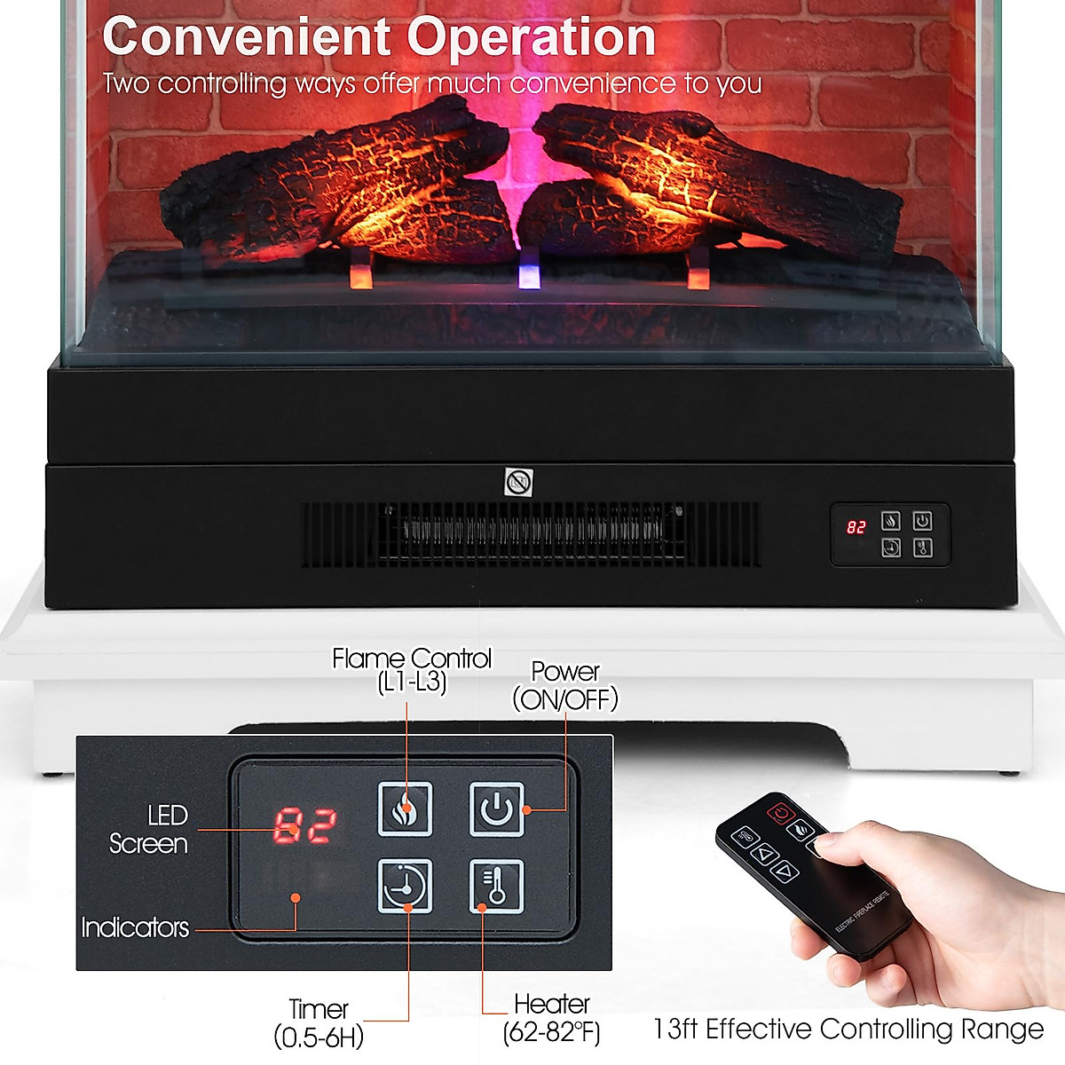 SIMOE 27 Inch Electric Fireplace Heater with Mantel,1400W Thermostatic Freestanding Fireplace with 3-Level 3D Flame & Panel Remote Control,0.5-6H Timing Function for Living Room Bedroom Office,White