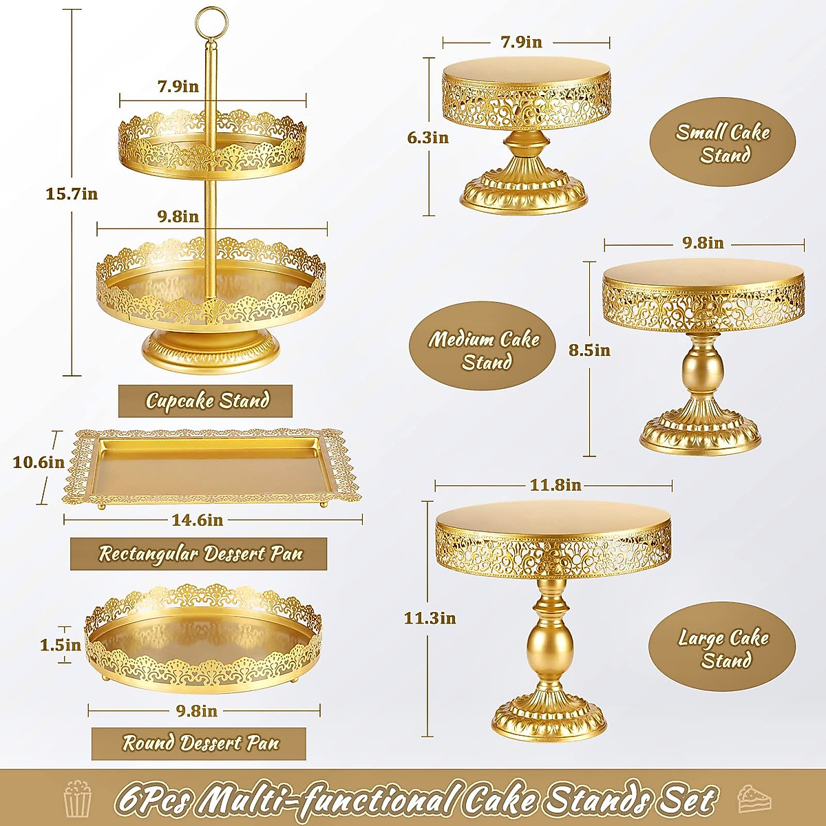 Gold Cake Stands Set for Dessert Table，6 Pcs Wedding Cake Stand&Cupcake Stand Set，Serving Plate Dessert Table Display Set for Wedding/Birthday Party/Home Decoration/Graduation Party (6 Pieces)