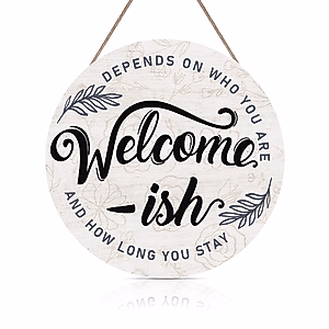 Welcome-ish Wood Hanging Sign Plaque, Funny Welcome Quote with Minimalist Leaves Wooden Front Door Hanger, Rustic Outdoor Wall Art for Porch Garden Farmhouse Yard Decor (12''x12'')