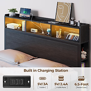 Rolanstar Full Bed Frame with Storage Headboard, Metal Platform Bed with Charging Station, LED, 4 Drawers, Bookcase Storage, No Box Spring Needed, Easy Assembly, Noise-Free, Black