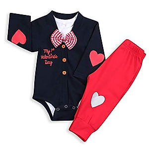 Baby Boys My First Valentine's Day Outfit Infant Boy Bow Tie Bodysuit Romper + Heart Pants Clothes 3Pcs Sets (Navy Blue, 3-6 Months)