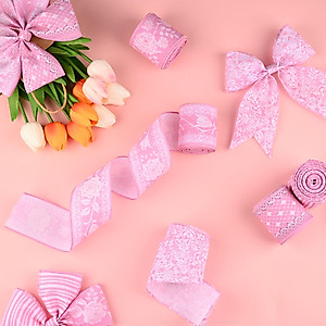 5 Rolls 30 Yards Floral Wired Edge Ribbon 2.5'' Pink Rose Flowers Printed Decorative Ribbon for Gift Wrapping Hair Bow Wreath Making for Wedding Valentine's Day Crafts Supplies