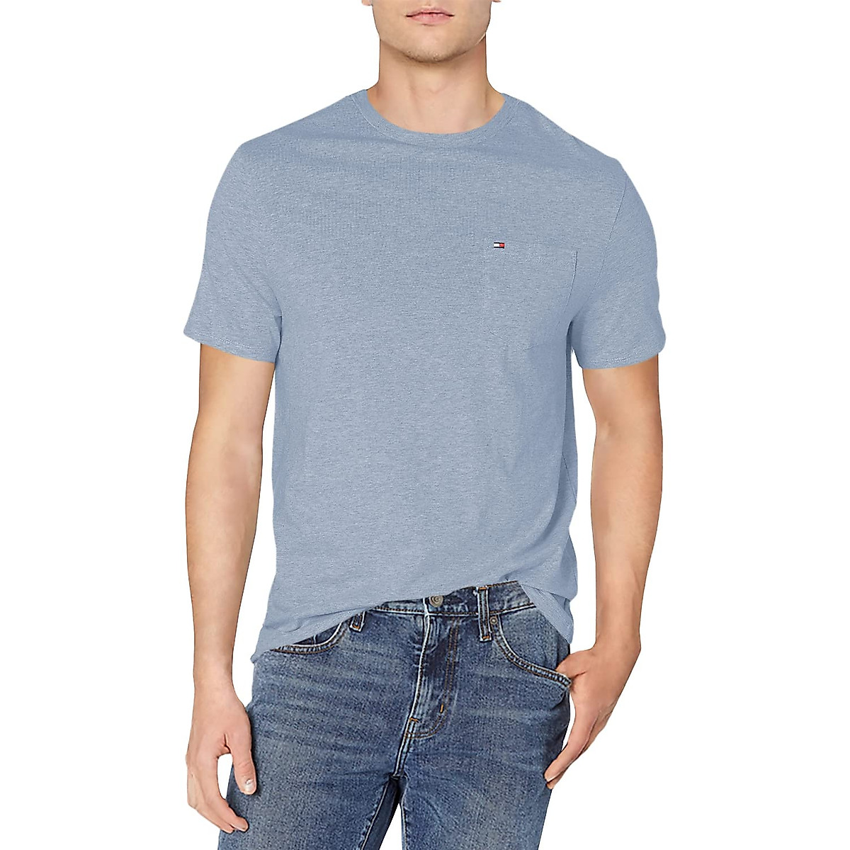 Tommy Hilfiger Men's Tall Essential Short Sleeve Cotton Crewneck Pocket T-Shirt, Malaga Blue Heather, XX-Large Big