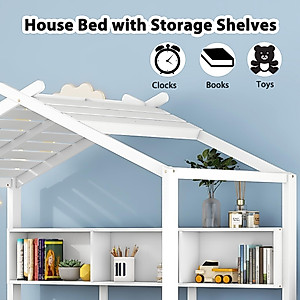 Bellemave Twin Size House Bed with 2 Storage Drawers,Kids Bed with Storage Shelves,Wooden House Bed Frame for Girls,Boys,Can be Decorated,White