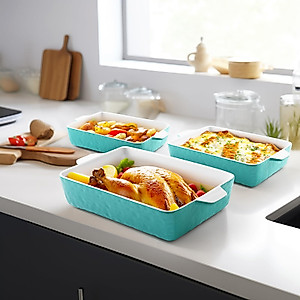 Krokori Casserole Dishes for Oven, Ceramic Baking Dishes, Lasagna Pan with Handles, Porcelain Baking Pan Deep, Bakeware for Baking, Cooking, Wedding Gift, Set of 3 (11.6" x 7.8", Aquamarine)