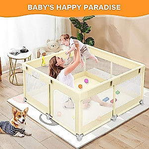 ZESHWER Baby Playpen with Gate, Play Pens for Babies and Toddlers, Play Yard for Baby, 50"x50" Baby Fence, Activity Center for Baby, Sturdy Safety Playpen with Anti-Slip Base, Beige