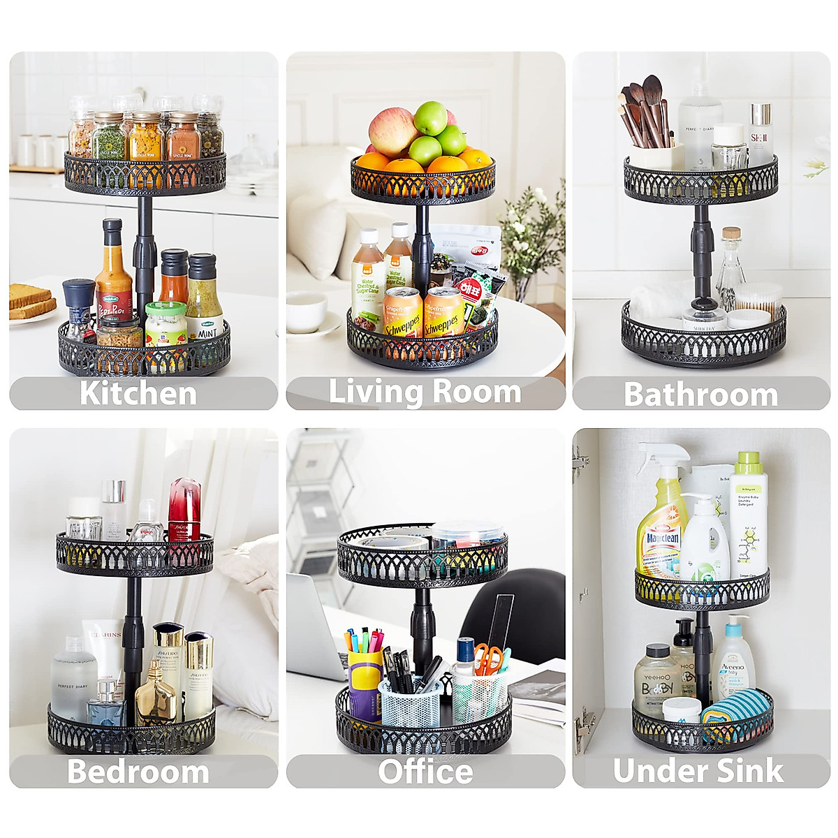 Y&M 2 Tier Lazy Susan Turntable, Height Adjustable Spice Organizer, 9.5” & 10” Round Metal Rotating Spice Rack, Spice Jars Storage Holder for Snack Pantry Cabinet Bathroom Countertop Kitchen - Black