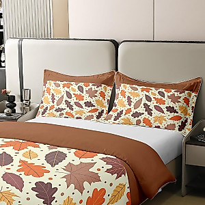 Watercolor Leaves 100% Natural Cotton Duvet Cover Queen Size Cartoon Fall Leaves Rustic Style Comforter Cover with 2 Pillowcases Brown Grid Stripe Autumn Bedding Set 3 Pcs Bed Cover