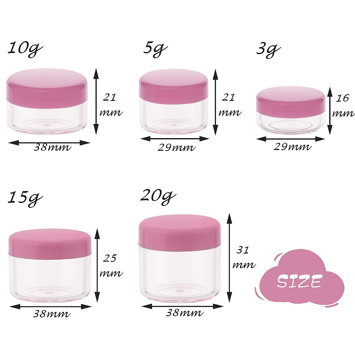 ZEJIA 10pcs Small Travel Containers, Pink Sample Containers with Screw Lids, 5 Size 3/5/10/15/20 Gram Sample Jars with 12pcs Labels and 2pcs Mini Disposable Spatula, Makeup Sample Containers BPA Free