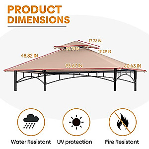 Warmally Grill Gazebo Replacement Canopy Roof, 5'x8' Outdoor BBQ Gazebo Top, Double Tiered Shelter Cover Roof Fit for Gazebo Model L-GG001PST, L-GZ238PST (Khaki)