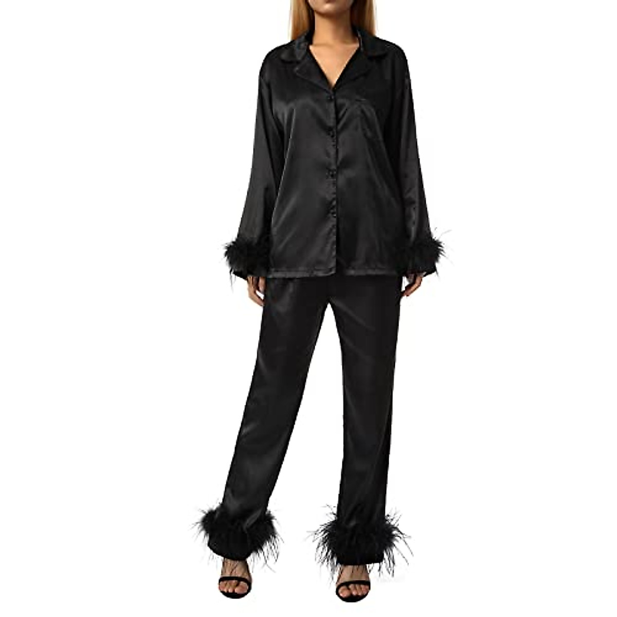 Womens Silk Satin Pajamas Loungewear Feather Decoration Two-piece Sleepwear Lapel Button-Down Pj Set (Black , L )