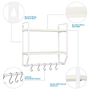 Bathroom Shelf with Towel Bar 2 Tier Wall Mounted Industrial Towel Rack with Shelf 5 Hooks for Bathroom Kitchen Living Room (White)