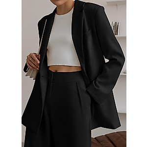 KIRUNDO Women's 2025 Spring Fall 2 Piece Blazer Set Casual Loose Long Blazer Jackets and Dressy Wide Leg Pant Suits Pockets Black