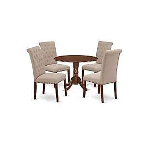East West Furniture DLBR5-MAH-04 Dublin 5 Piece Room Furniture Set Includes a Round Dining Table with Dropleaf and 4 Light Tan Linen Fabric Upholstered Chairs, 42x42 Inch, Mahogany