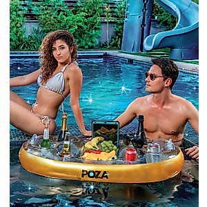 POZA Inflatable Gold Floating Cooler - Luxurious Drink Holder Filled with Sparkly Confetti, Premium Party Float with 8 Holders, Serving Bar for Beach, Lake, Hot Tub, Jacuzzi and Pool - 39x23 Inches