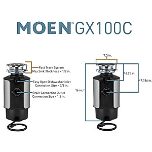 Moen GX100C Chef Series 1 HP Continuous Feed Garbage Disposal with Sound Reduction, Disposer Power Cord Included