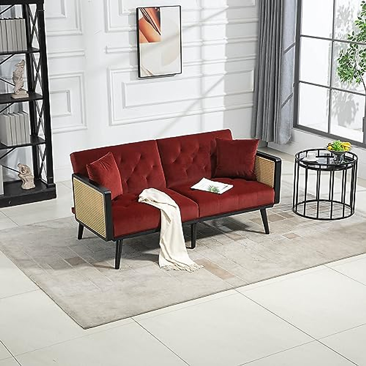 Velvet 2 in 1 Futon Sofa Bed,61" Adjustable Couch Sleeper,Modern Upholstered Loveseat with 2 Pillows,Convertible Folding Fabric Small Love Seat for Living Room Apartment Small Space (Red)