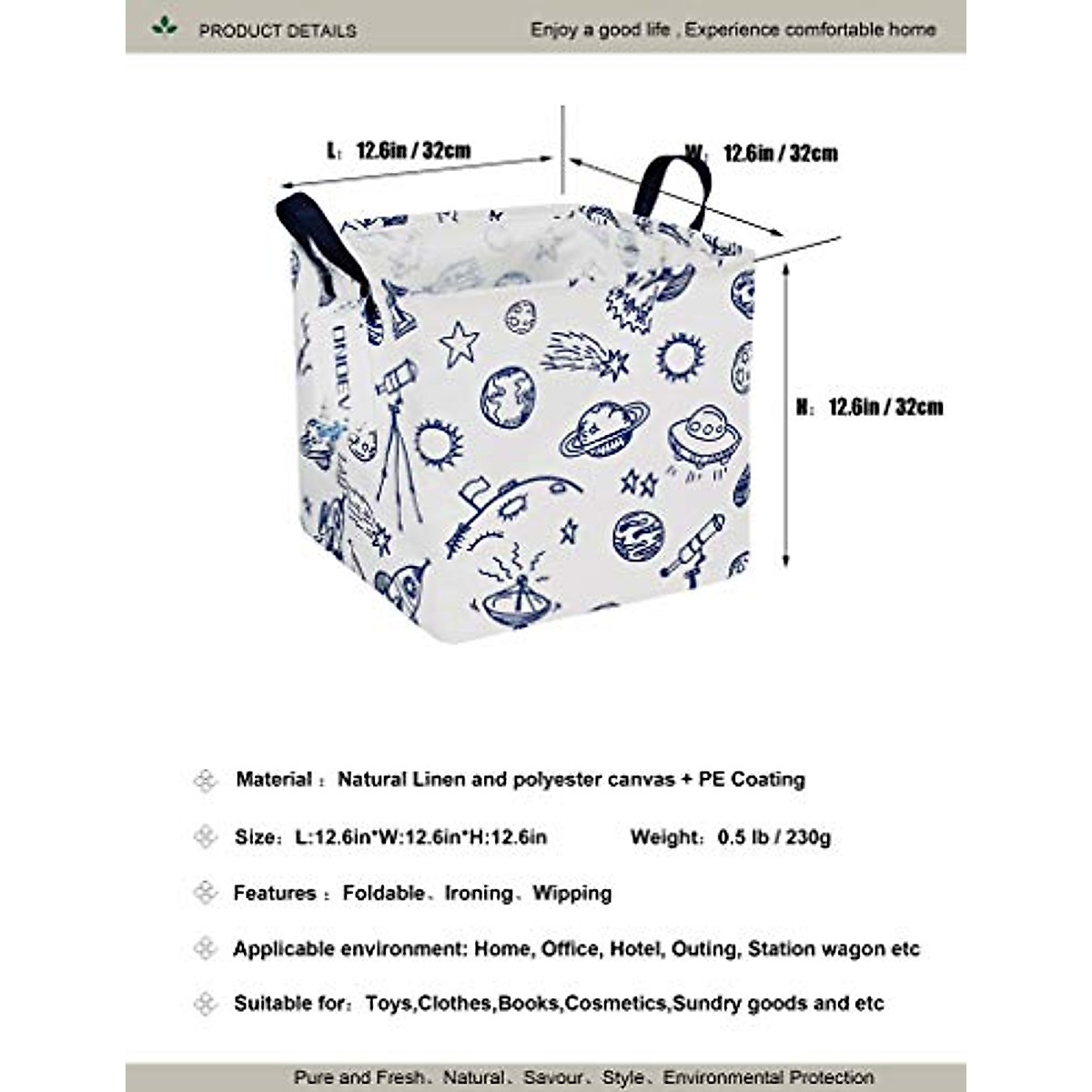 ONOEV Square Fabric storage box, decorative basket and finishing basket with handle are used for the storage of clothes, books and sundries (Blue Planet)