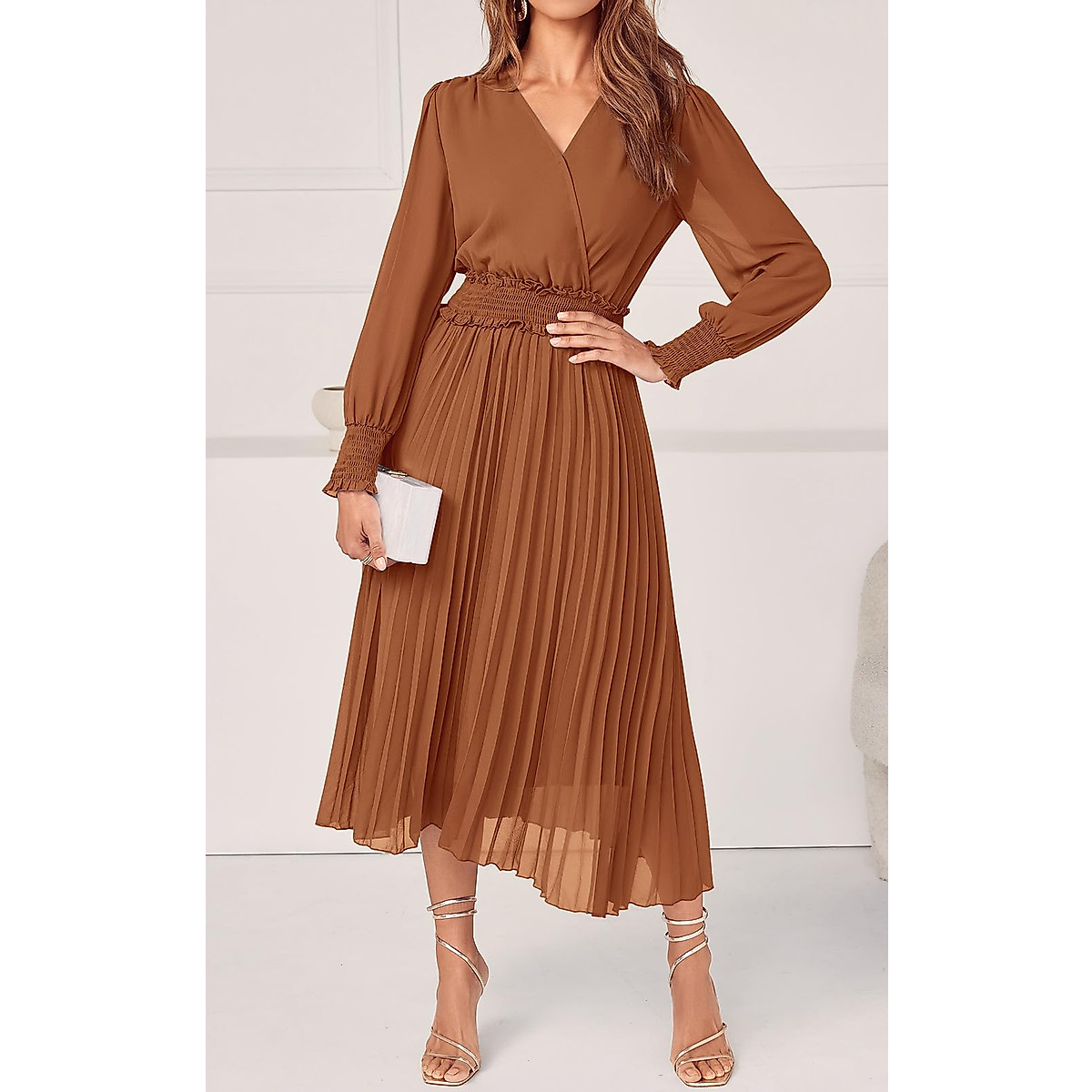 PRETTYGARDEN Women's Midi Long Puff Sleeve Summer Dresses 2024 Smocked Waist V Neck Flowy Ruffle Pleated Casual Long Dress (Brown,Medium)