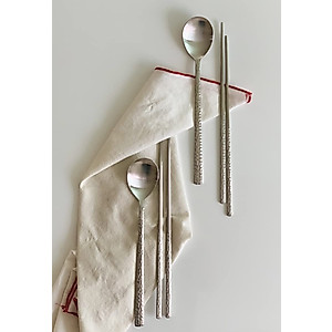 cozymomdeco Korean Made Silver Glossy Hammered Stainless Steel Korean Spoon & Chopstick SET (2SET)