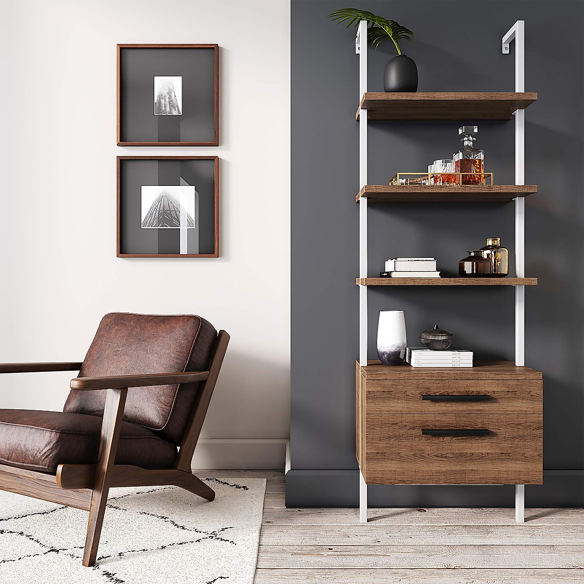 Nathan James Theo Industrial Bookshelf with Wood Drawers and Matte Steel Frame, 3-Shelf, Oak/White