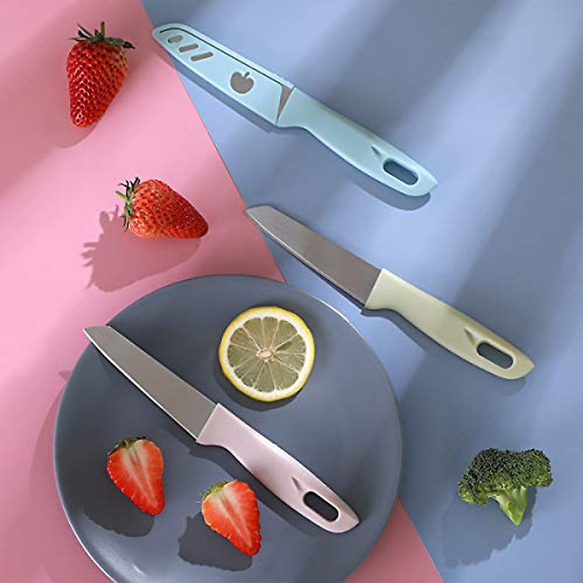 Kocpudu Paring Knife, Sharp and Durable Fruit Knife with Protective Cover, Suitable for Most Types of Vegetables and Fruits,6 Pieces (pink, Blue, Green)