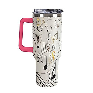 LLUTSNTH 40 Oz Vacuum Tumbler with Light Rose Red Handle Leakproof Insulated Tumbler Music Notes Print Stainless Steel Travel Mug with Lid And Straw Coffee Cup Cute Water Bottles Cup Holder Friendly