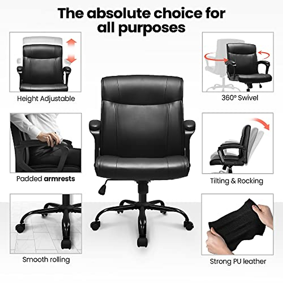 neo chair Ergonomic Office Chair Desk Chair Mid Back Executive PU Leather Adjustable Computer Desk Gaming Chair Comfortable Padded Arm Lumbar Support Rolling Swivel with Wheels (Jet Black)