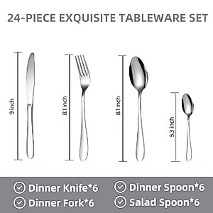 24-Piece Stainless Steel Cutlery Service for 6, Mirror Polished Tableware with Dinner Fork, Steak Knife, Dinner Spoon & Salad Spoon, Dishwasher Safe, Suitable for Dinner, Banquet, Parties