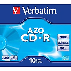 Verbatim CD-R AZO Crystal 700 MB, Pack of 10 Jewel Case, CD Blanks, 52x Burning Speed with Long Life, Blank CDs, Audio CD Blank, for Photos & Videos & Documents