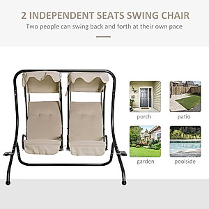 Outsunny Patio Swing Chair with 2 Separate Seats, Outdoor Swing Glider with Removable Canopy and Cup Holders, for Porch, Garden, Poolside, Backyard, Beige