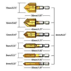 HTWORGRE Countersink Drill Bit, Baban Countersink Drill Bit Set 6 Pcs 1/4'' Hex Shank HSS 5 Flute Countersink 90 Degree Center Punch Tool Sets for Wood Quick Change Bit 6mm-19mm