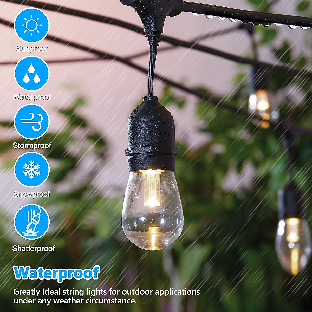 3 Color Dimmable LED Outdoor String Lights with Remotes, 48FT Waterproof Patio Hanging Lights with Shatterproof E26 S14 LED Bulbs for Bistro Cafe Pergola Party, Warm White/Nature White/Daylight White